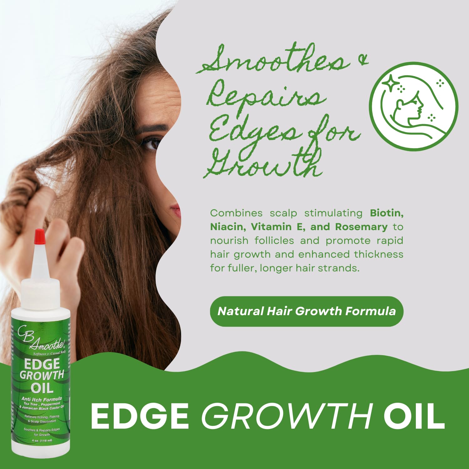 C B SMOOTHE Oil, Natural Hair Growth Serum with Tea Tree, Peppermint, Jamaican Black Castor - 4oz, Non-Greasy, Anti-Itch Scalp Moisturizer, Boosts Circulation & Edge Regrowth, Unisex