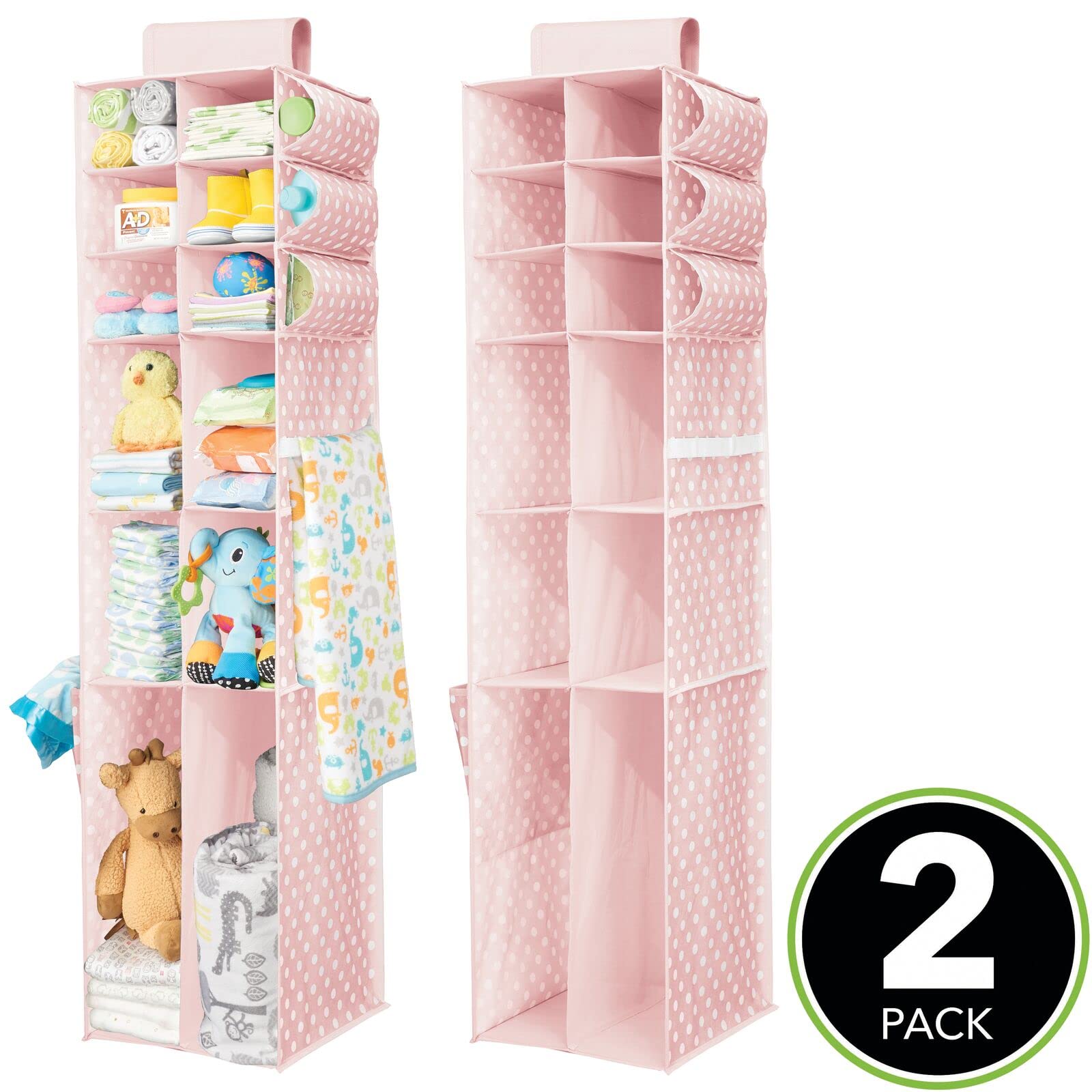 mDesign Long Soft Fabric Over Closet Rod Hanging Storage Organizer with 12 Divided Shelves, Side Pockets for Child/Kids Room or Nursery, Store Diapers, Wipes, Lotions, Toys - 2 Pack - Pink/White