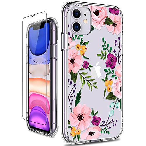 GiiKa iPhone 11 Case with Screen Protector, Clear Heavy Duty Protective Case Floral Girls Women Shockproof Hard PC Back Case with Slim TPU Bumper Cover Phone Case for iPhone 11, Small Flowers