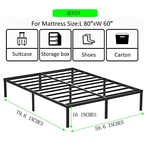 ALDRICH Metal Bed Frame Queen Size - 16 Inch Tall Black Basic Anti Squeak Steel Slats Platform, Easy Assembly Heavy Duty Noise Free Bedframes, No Box Spring Needed