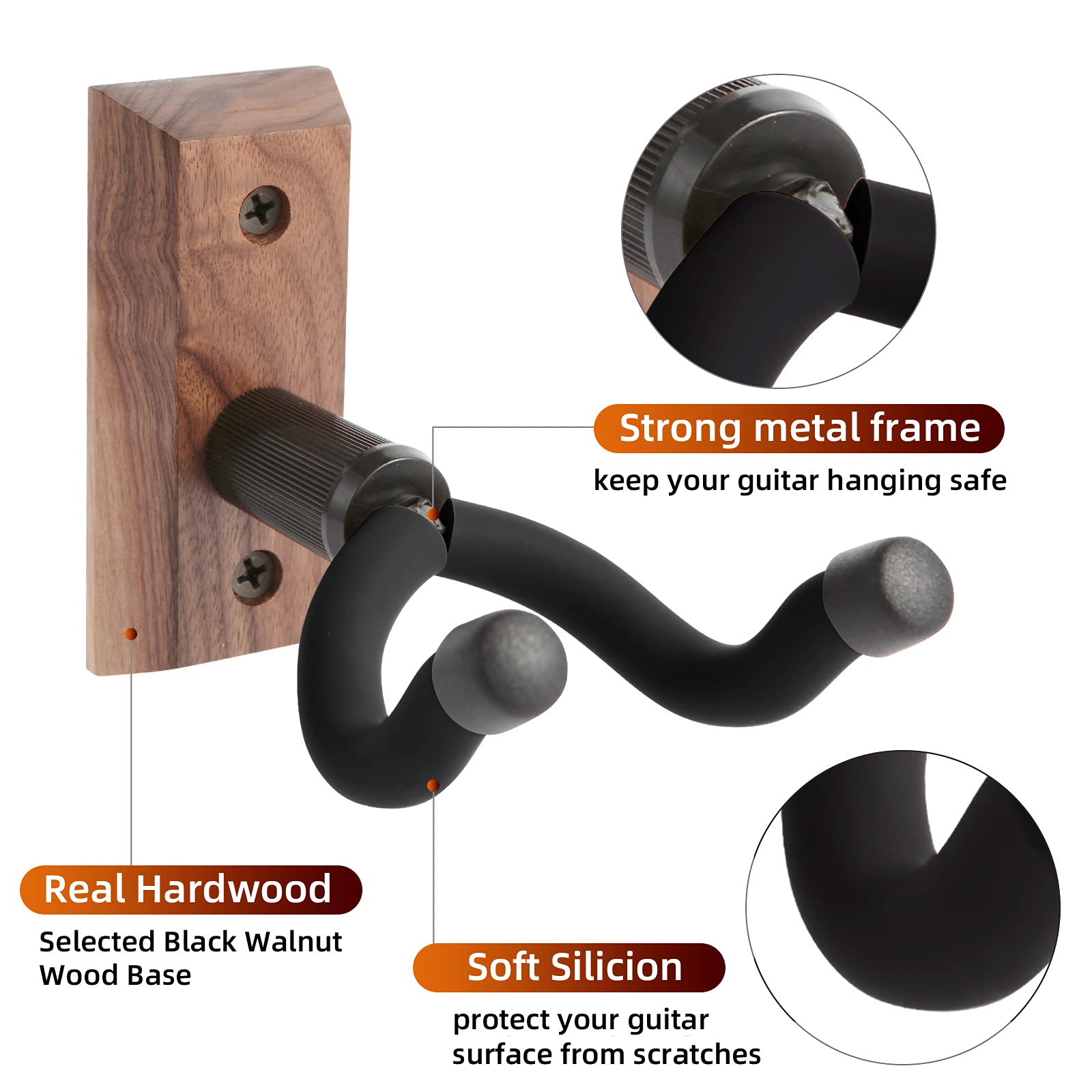 VEINTICO Guitar Wall Hanger, Guitar Wall Mounts 2 Pack, Guitar Hanger Hook Bracket Holder for Acoustic and Electric Guitars Bass Banjo Mandolin, Black Walnut Wood base
