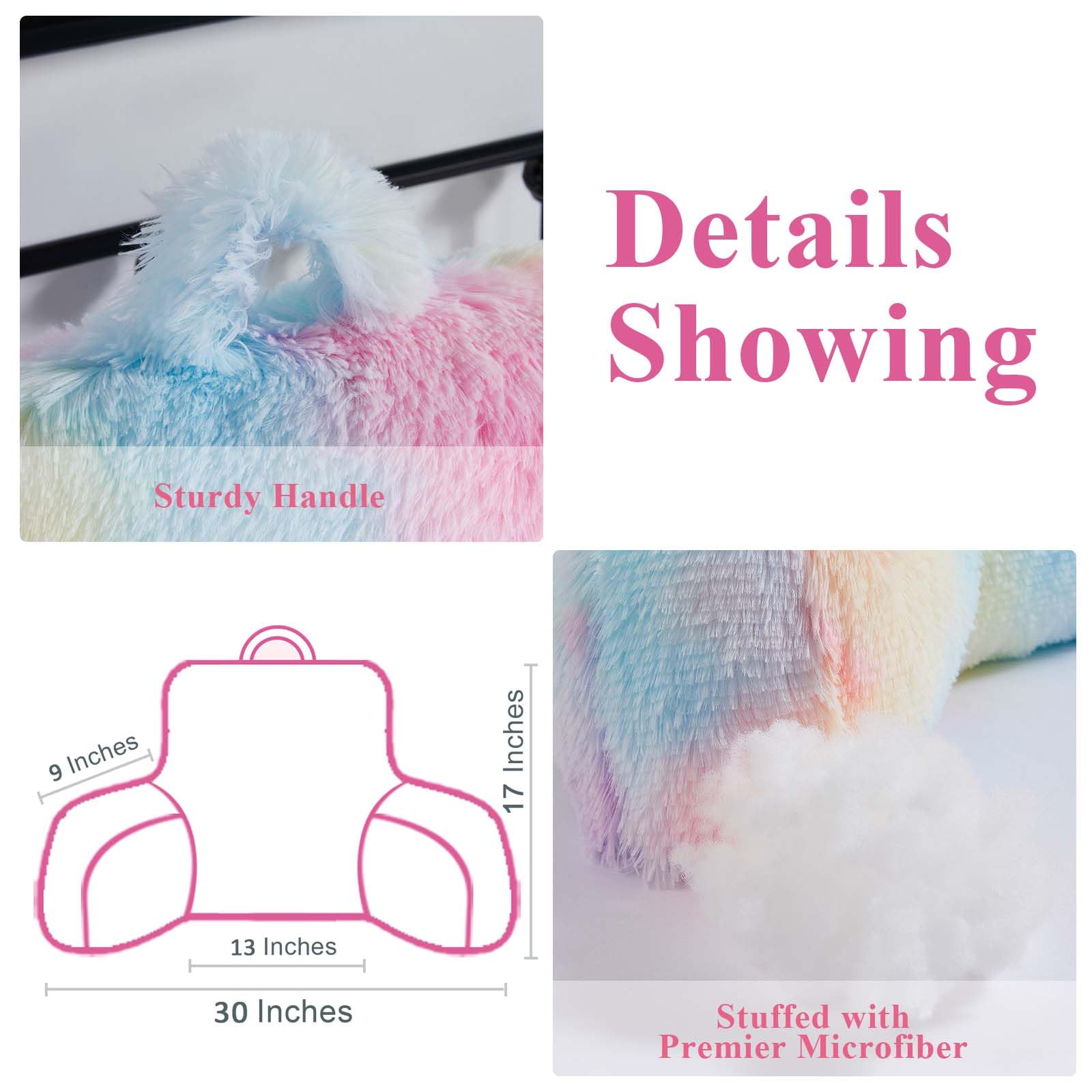 Bedriping Reading Pillow for Bed - Faux Fur Backrest Pillow with Arms, Reading & Bed Rest Pillows Rainbow Colors, Fluffy Sit Up Pillow, Study Pillow for Kid, Tween, Teens & Adult Girls