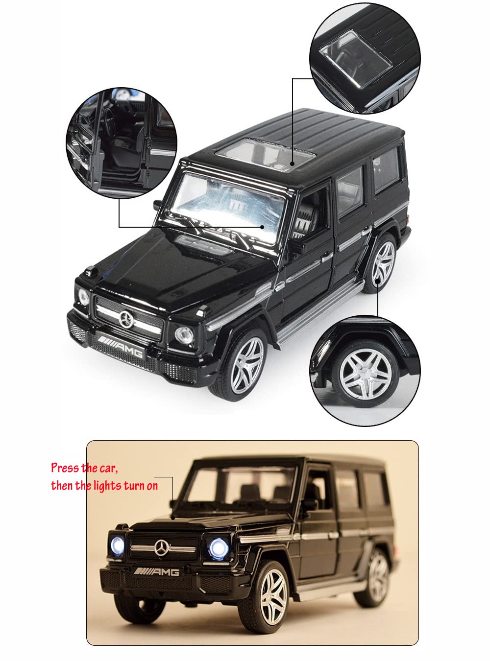 iLooboo Alloy Collectible Black Benz G65 AMG Toy Car Model Pull Back Die-Cast Vehicle with Lights and Sound
