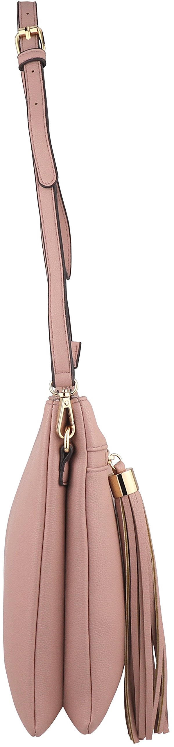 B BRENTANO Vegan Double-Zip Pocket Crossbody Handbag Purse wih Big Tassel Accent (Blush)