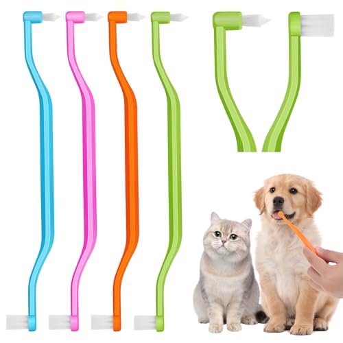 4pcs Dual Sided Cat Tooth Brush Small Dog Toothbrush Pet Toothbrush Teeth Cleaning with Micro Brush Head & Curved Handle Cat Dental Care Supplies