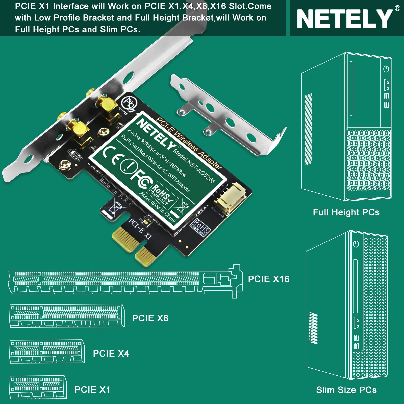 NETELY Dual Band Wireless-AC 1200Mbps PCIE WiFi Adapter with Bluetooth 4.2 for Windows 7, 8.x, 10, 11 64bit System Desktop PCs, 2.4GHz 300Mbps and 5GHz 867Mbps PCIE WiFi Card (NET-AC8265)
