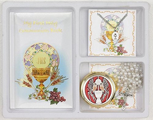 My First Holy Communion Girls Gift Set with Prayer Book, PYX with Rosary, and Chalice Pendant