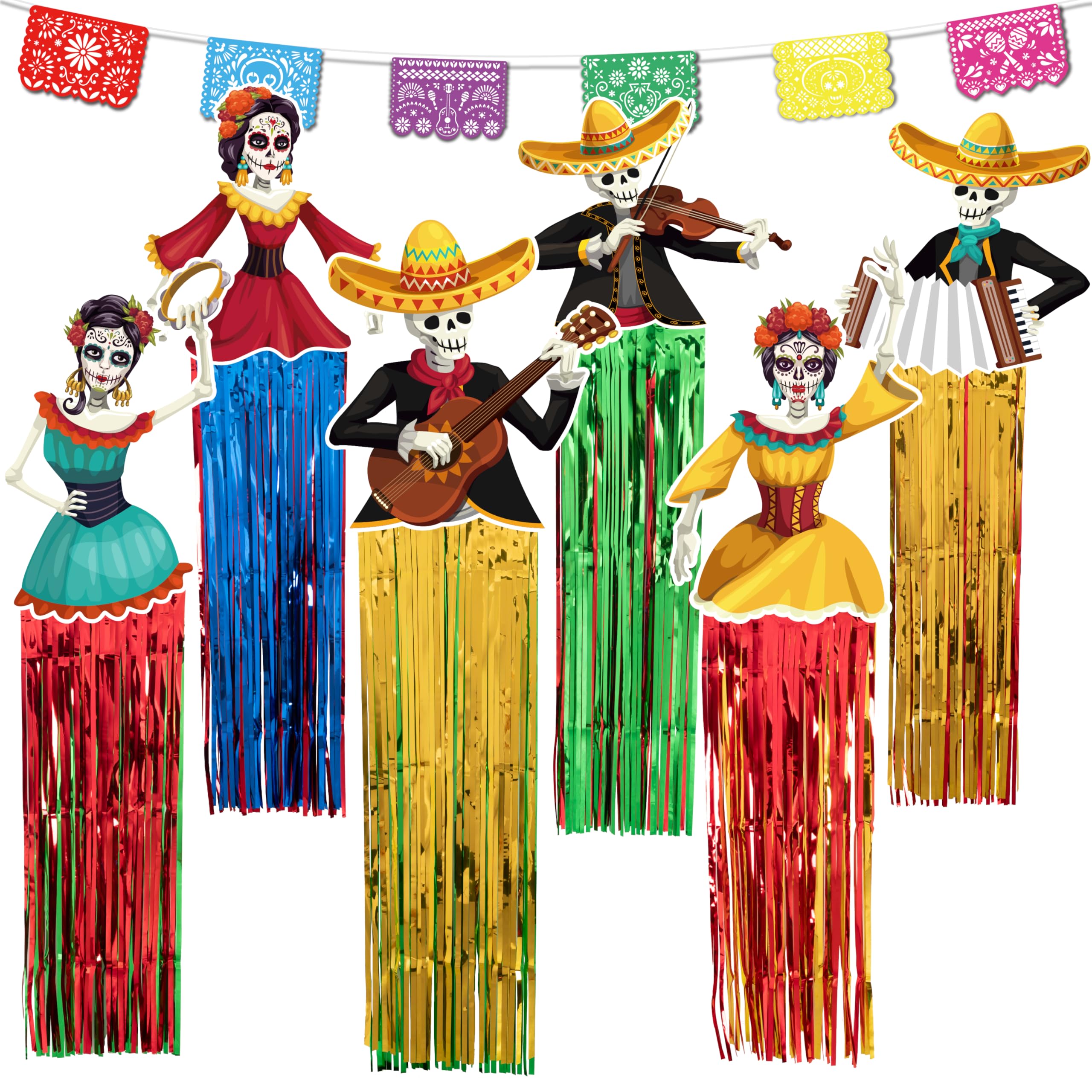 6Pcs Day of The Dead Decorations Sugar Skull Hanging Decor - Dia De Los Muertos Papel Picado Banner Mexican for Halloween Party Home Outdoor Decoration