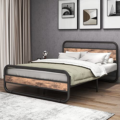 Albearing Queen Size Bed Frame with Wooden Headboard and Footboard, Heavy Duty Oval-Shaped Platform Bed with Under-Bed Storage, Steel Slats Mattress Foundation Round Pipe Design,Brown
