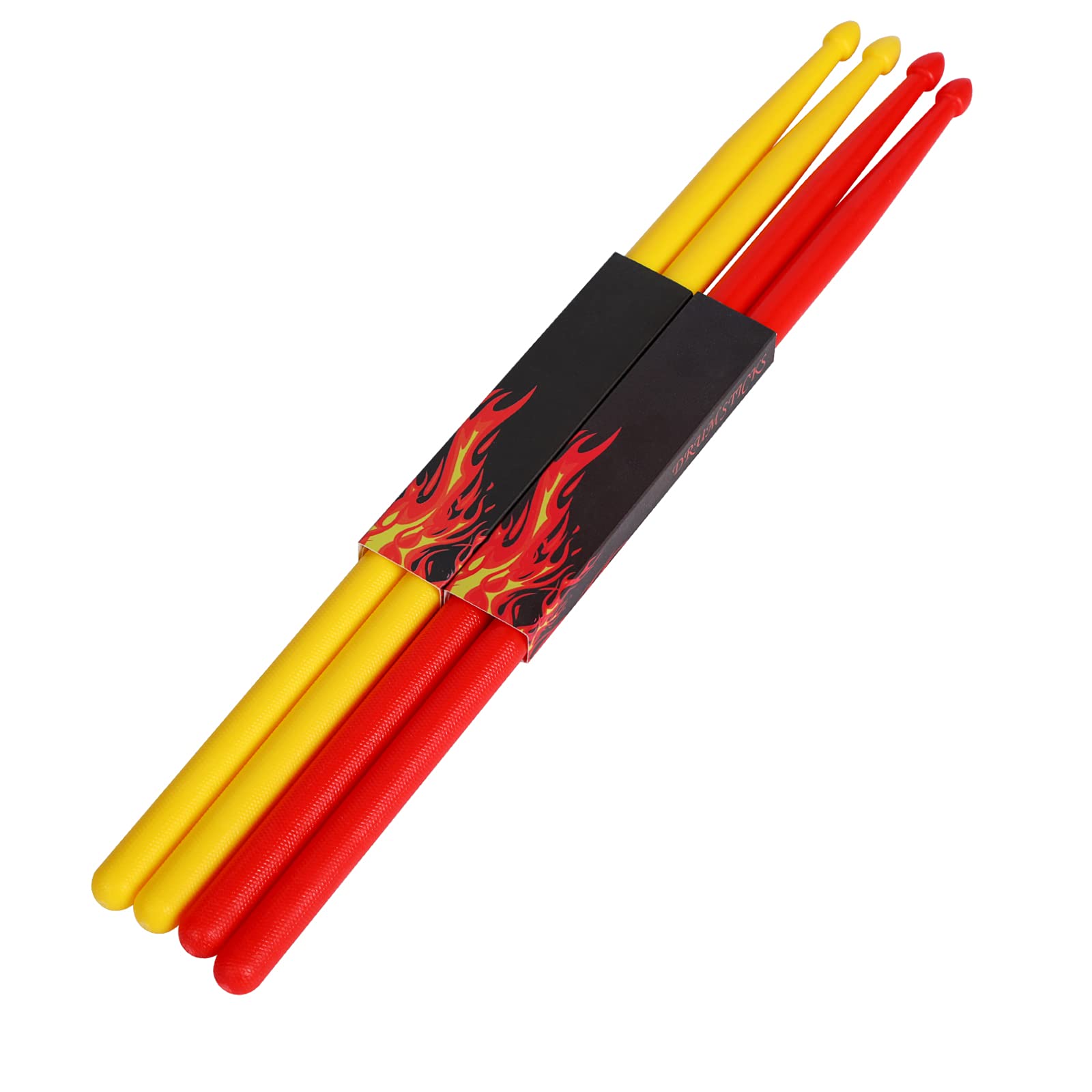 2 Pairs 5A Nylon Drumsticks for Adults Kids Light Durable Plastic Drum Sticks Set with Non-Slip Handles Professional Musical Instrument Percussion Accessories (Red & Yellow)