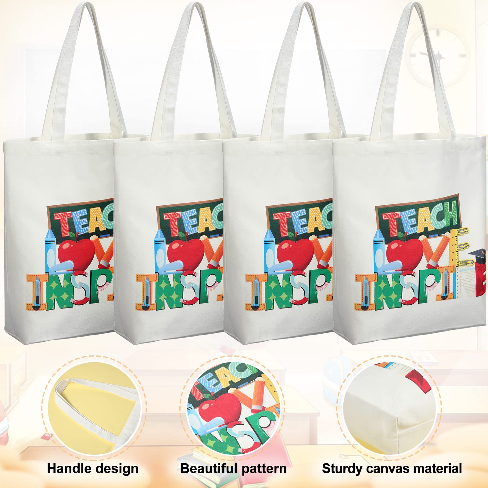 4 Pack Teacher Appreciation Tote Bag Thank You Teacher Gifts Canvas Bag Teach Appreciation Gift for Teacher Day Retirement (White)