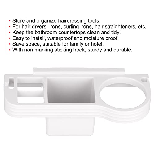 Adhesive Hair Dryer Holder, Wall Mounted No Drilling Plastic Bathroom Blow Drier Storage with Plug Hook, Hair Care Tools Organizer Basket with Cups for Curling Flat Straight Hot Iron(White)