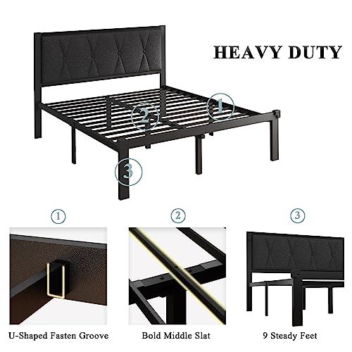 Feonase Full Size Metal Bed Frame with Fabric Button Tufted Headboard, Platform Bed Frame with Heavy Duty Metal Slats, 12" Storage Space, Noise Free, No Box Spring Needed, Dark Grey