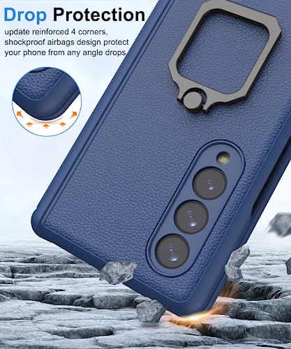 ATATOO for Samsung Galaxy Z Fold 3 Case, Z Fold3 Case Built-in Screen Protector & Hinge Protection & Kickstand, Durable Anti-Scratch Full Body Protection Leather Phone Case for Galaxy Z Fold 3,Blue