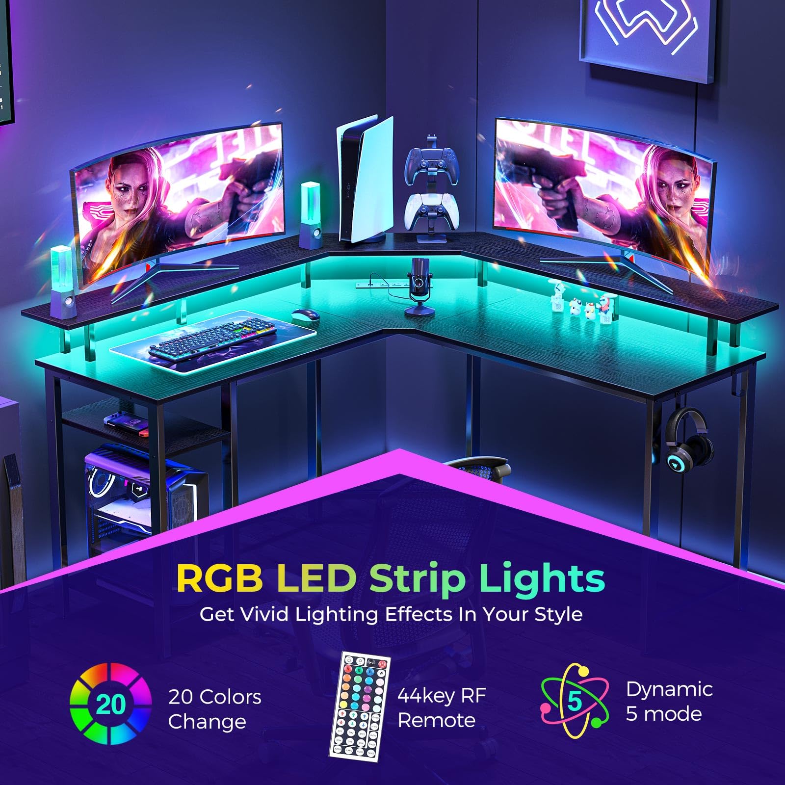 Rolanstar L Shaped Gaming Desk with LED Lights & Power Outlets, 56" Computer Desk with Full Monitor Stand & Storage Shelf, Corner Desk with Hooks, Black Desk Reversible