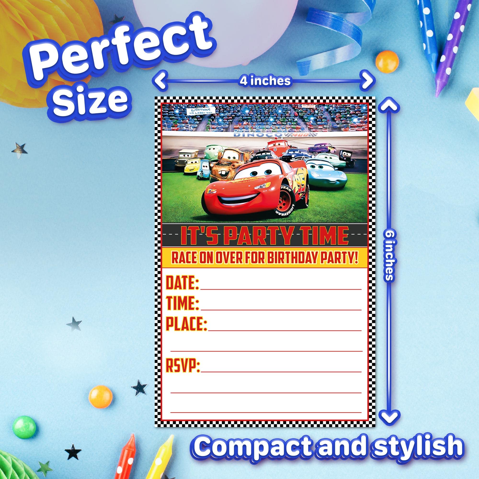 30x Cars Birthday Invitations and Envelopes β Fill-in Happy Birthday Party Invitations for Kids, 6X4 Inches, Postcard Style