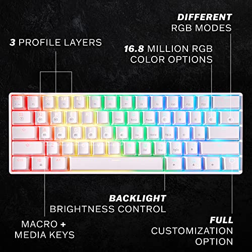 Mizar MZ60 LUNA Hot Swappable Mechanical Gaming Keyboard - 62 Keys Multi Color RGB LED Backlit for PC/Mac Gamer - ISO UK Layout (White, Gateron Optical Red)