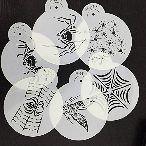 ART Kitchenware 6pcs Halloween Spiders Bats Cookie Stencil Set Cake Stenciling Fondant Cake Decorating Supplies Cookie Cake Decoration Mold Beige/Semi-Transparent ST-917S