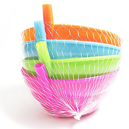 4 Kids Sip A Bowl Built in Straw Plate Plastic Cereal Soup Drink Snack Food Dish, Blue, Variable