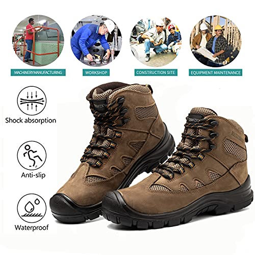 TOSAFZXY Waterproof Work Boot for Men, 6" Steel Toe and Non-Slip Safety Boot Outdoor Men Work Boot Brown Size 10