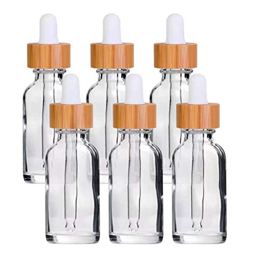 JHCFillé 1oz (30ml) Dropper Bottles, Clear Glass Boston Round Bottle with Bamboo Glass Eye Dropper, Tincture Bottles with Dropper, 6 Pack