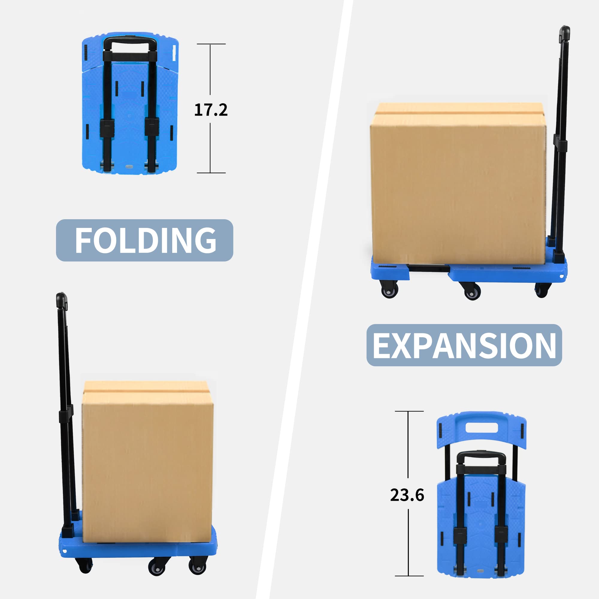 440 lb Folding Hand Truck, Heavy Duty Utility Dolly Platform Cart with Anti-Skid Strip, Luggage Cart with 6 Wheels, Blue