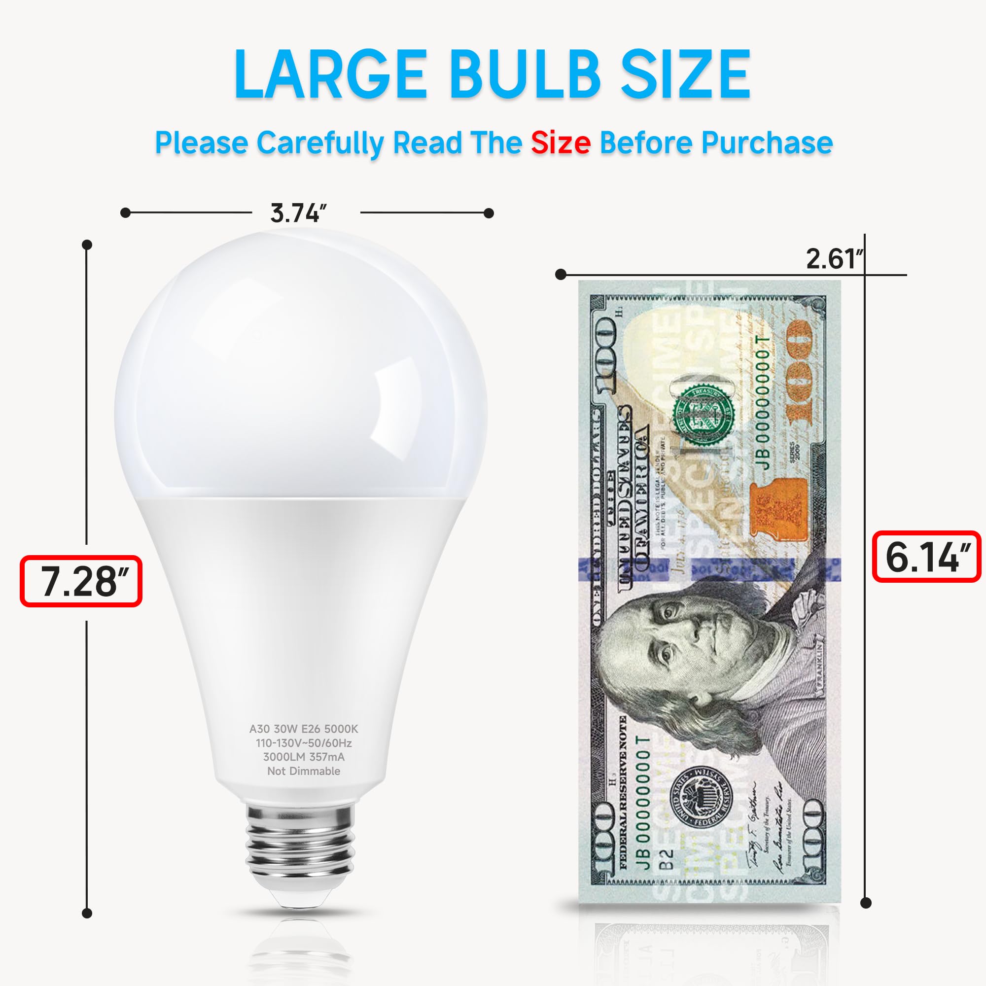 250-300W Equivalent LED Light Bulbs, 3000 Lumens Daylight White 5000K 30W A30 LED Bulbs for Garage, Warehouse, Workshop, Commercial, Office, Backyard, E26 Base Light Bulb Non-Dimmable, 2-Pack