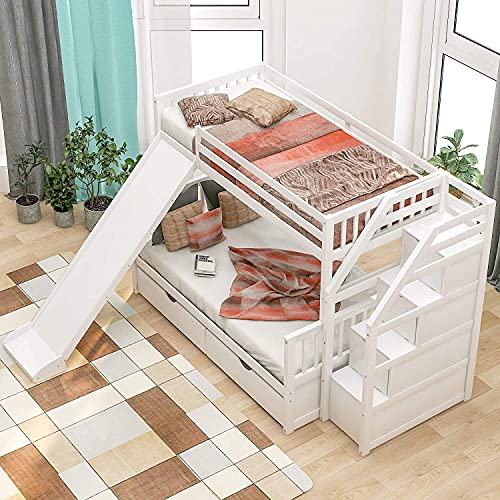 ATH-S Twin Over Full Bunk Bed with Slide, Twin Over Full Bunk Bed with Storage Drawers and Stairscase, Wood Bunk Bed Frame with Guardrails for Kids Boys Girls Teens Adults, No Box Spring Needed, White