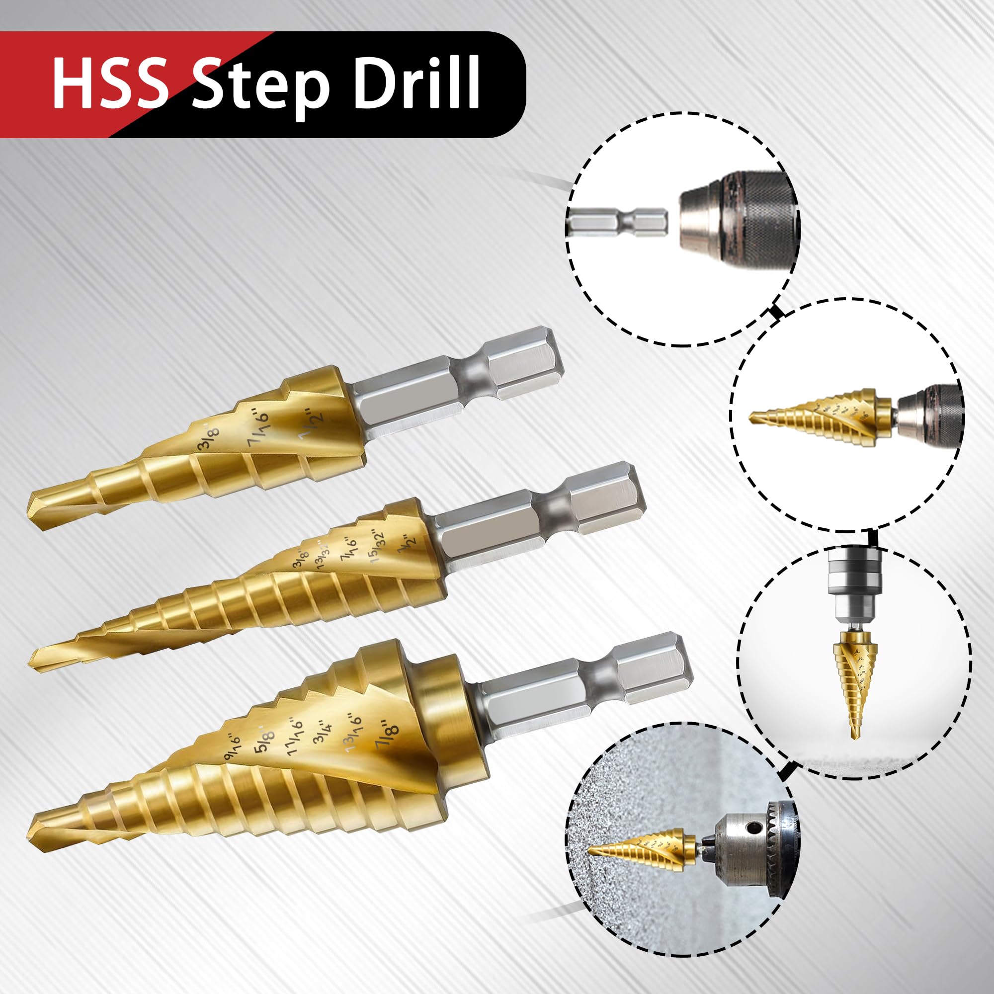 AIMLENTOOL 3PC Step Drill Bit Set, 1/4" Hex Shank High-Speed Steel Spiral Grooved Step Drill Bit for Sheet Aluminium Metal Wood Hole Drilling, 31 Step Sizes Taper Drill bit Set for DIY Lovers