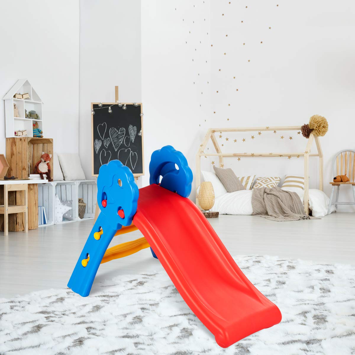 BABY JOY Folding Slide, Indoor First Slide Plastic Play Slide Climber for Kids (Floral Rail)