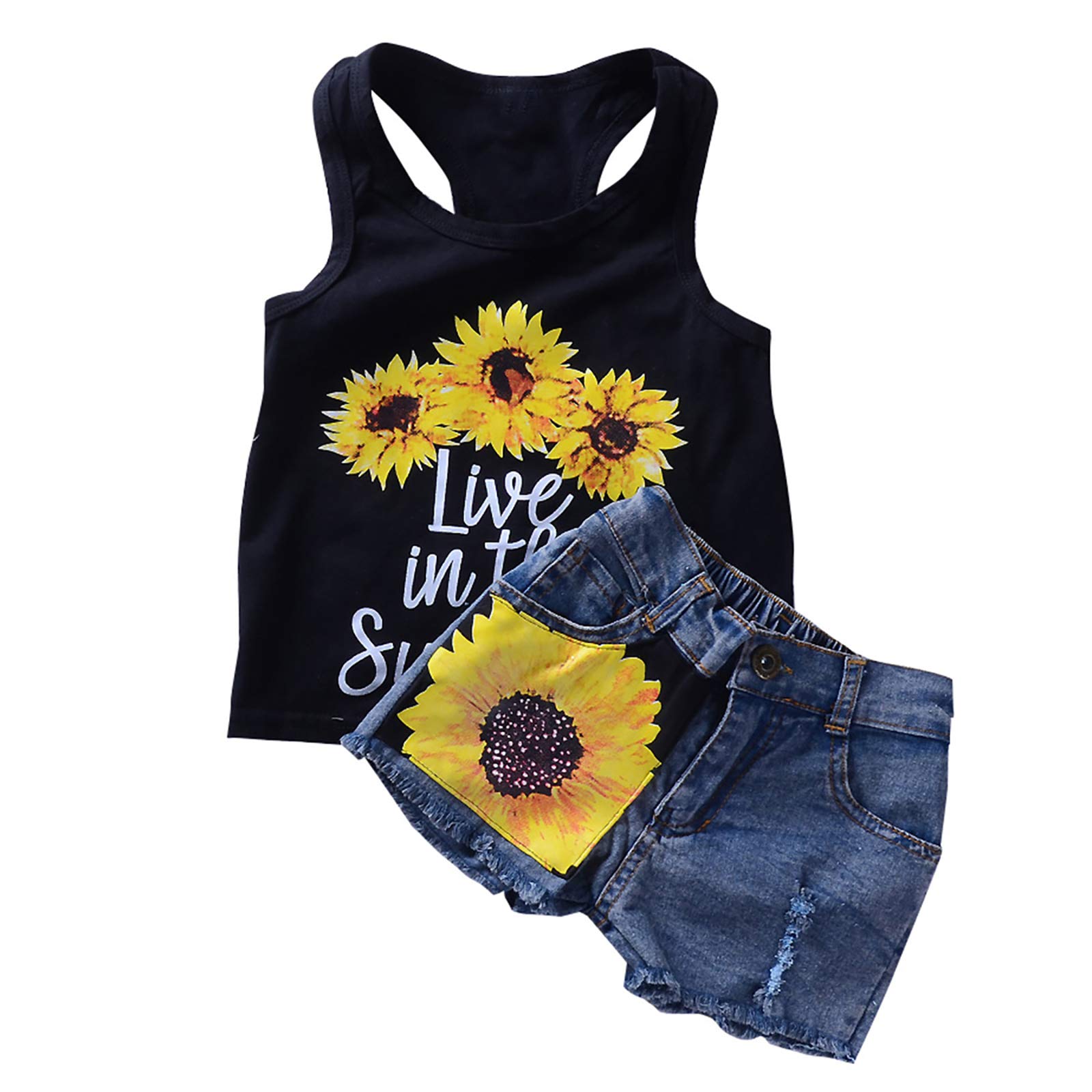 Camidy 1-8T Toddler Girl Sleeveless Vest Tops +Floral Denim Shorts Outfits Set (2-3T, Sunflower+Denim)