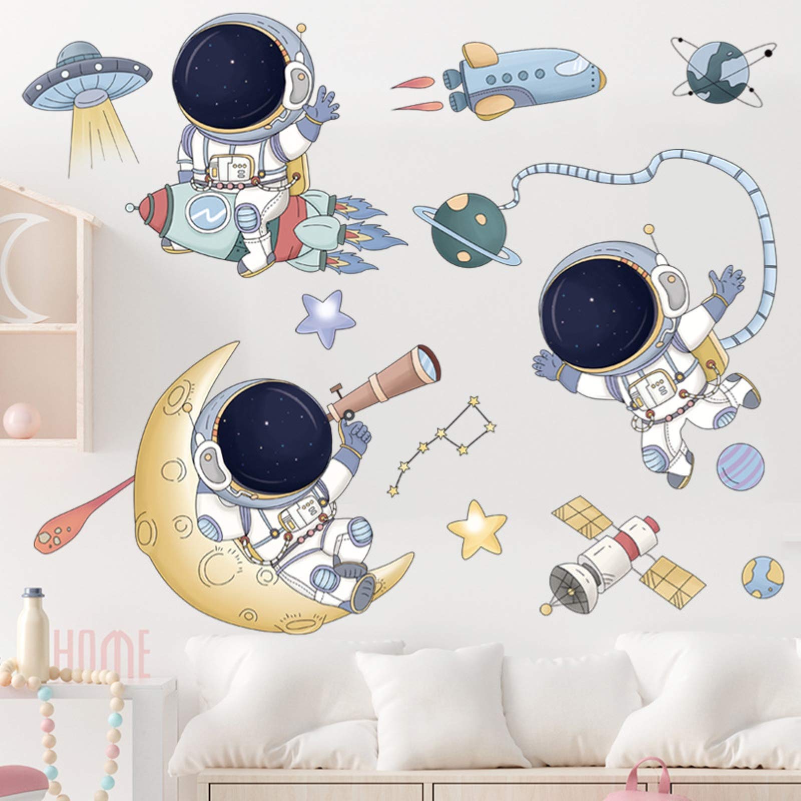Astronaut Wall Decals Cartoon Spacecraft Outer Space Wall Stickers Removable Peel and Stick Art Murals for Kids Room Nursery Classroom Bedroom Living Room Home Decoration (Astronaut)