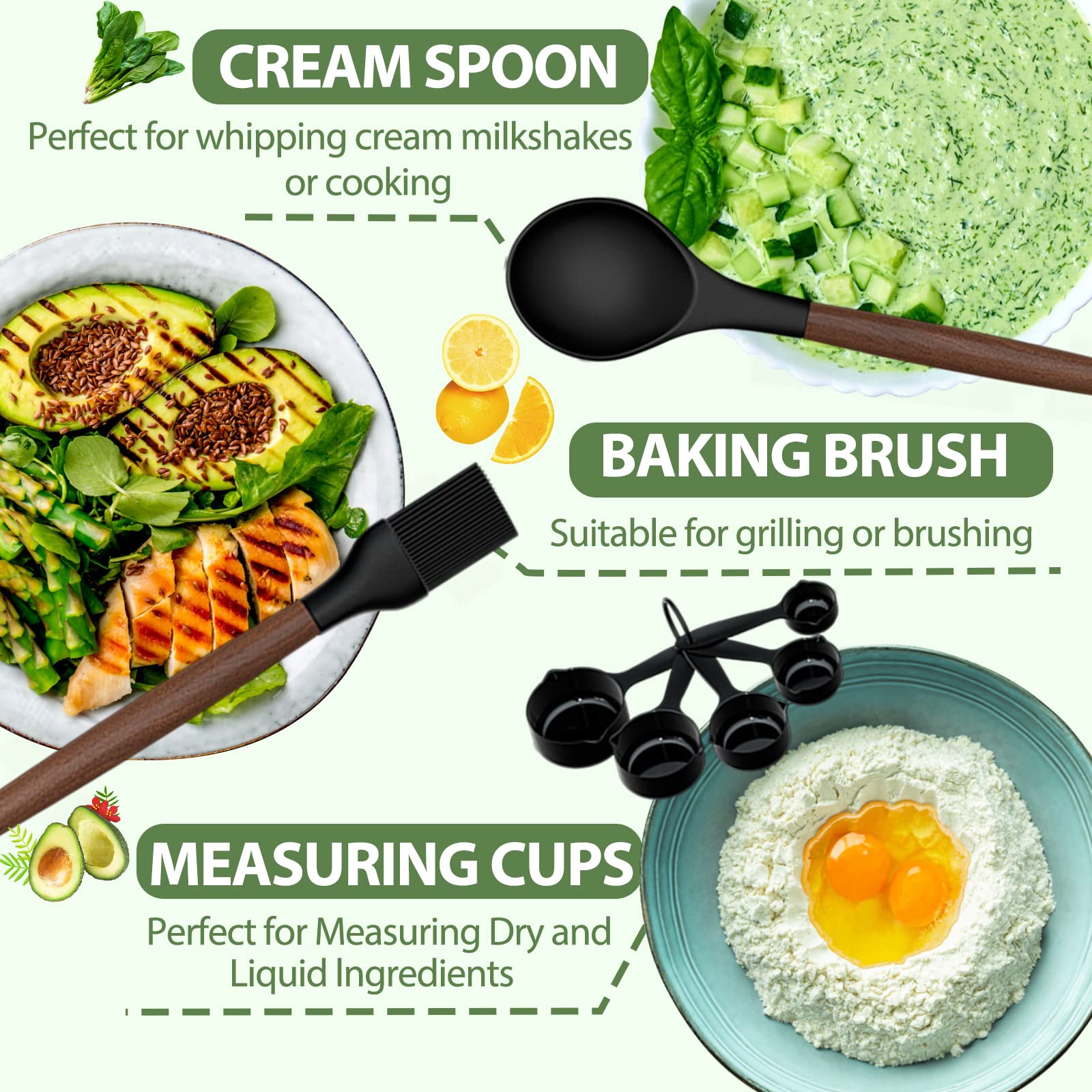 33 Pcs Silicone Kitchen Utensils Set, Kitchen Cooking Utensils Set with Black Natural Walnut Hard Wood Handle, Silicone Utensils Set with Holder, Heat Resistant, BPA Free, Non Toxic, Black