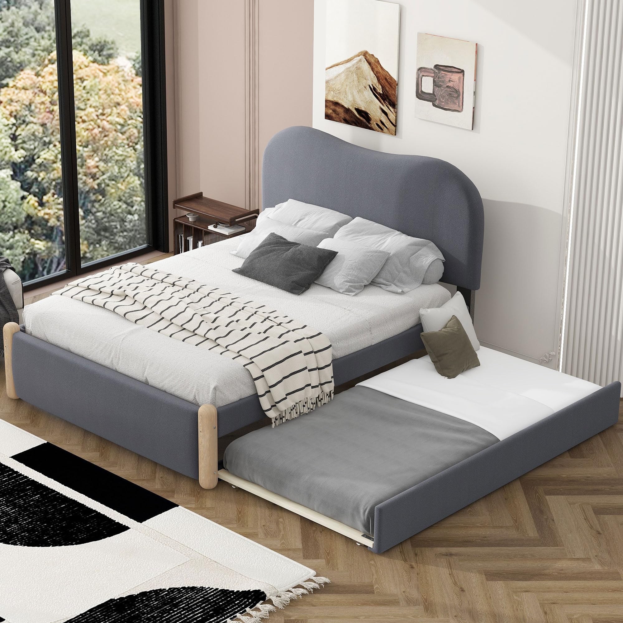 Harper & Bright Designs Upholstered Full Platform Bed with Built-in Nightstand & Guardrail, PU Leather Upholstered Full Storage Bed Frame with Headboard, No Box Spring Required (Gray)