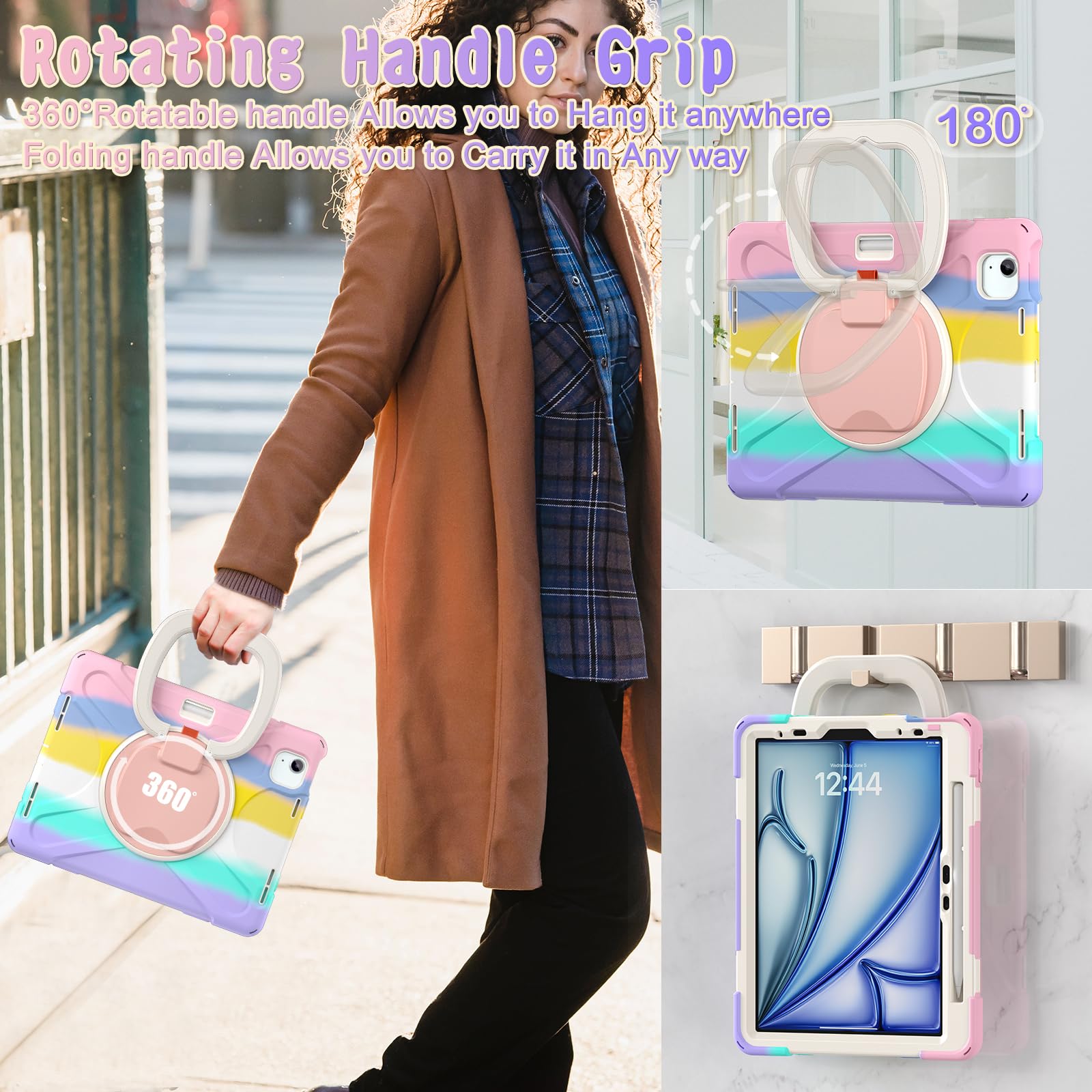 SCSVPN for iPad Air 11 Inch Case 6th Generation 2024 M2 | iPad Air 5th/4th Gen Case 10.9''| iPad Pro 11'' (2022-2018) Protection Kids Cover w/Pencil Holder-Stand-Handle-Shoulder Strap, Colorful Pink