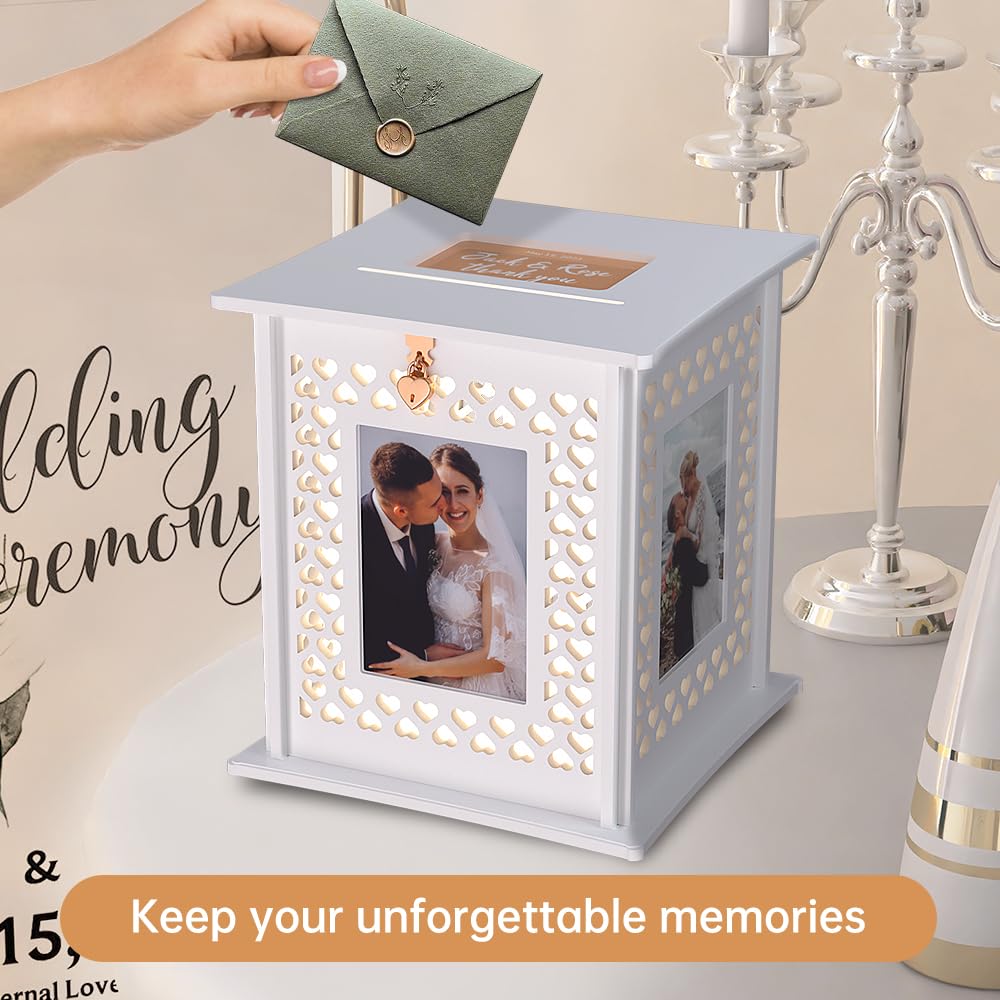 Large Wooden Wedding Card Box Gift Card Box for Reception Wedding Decoration Box with Photo Frame for 5*7 Photo- Envelope Post Money Gift Box Holder