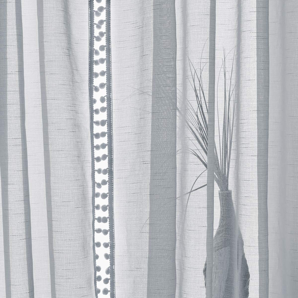 Treatmentex Grey Sheer Window Curtains for Living Room 95 inches Pom-Pom Canopy for Children Bedroom Rod Pocket 2Pack
