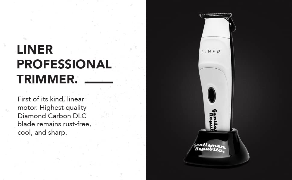 Gentlemen Republic Liner Professional Trimmer - 120 Minutes Runtime, Magnetic Linear Motor, Cordless Quiet Hair Trimmer for Barbers and Stylists with Black Diamond Carbon DLC Blade, White