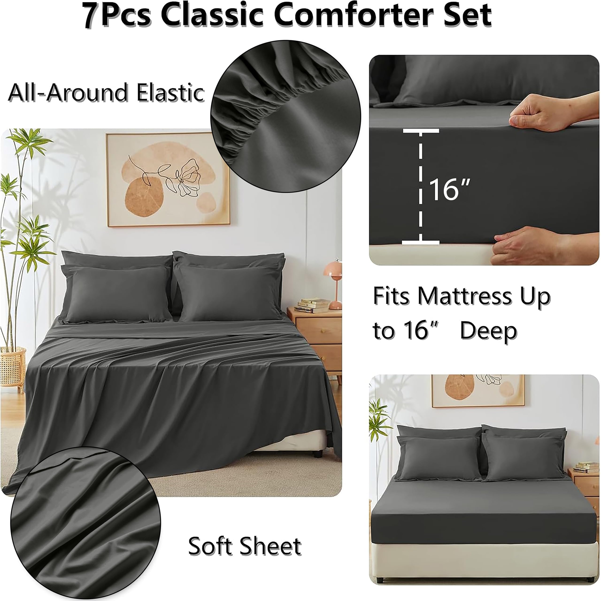 Sleepdown Bed in a Bag Twin Comforter Set with Sheets - 5 Piece, All Season Kids Twin Bedding Sets with Comforter Set for Girls and Boys, Flat Sheet, Fitted Sheet, Pillowcase & Sham (Dark Gray, Twin)