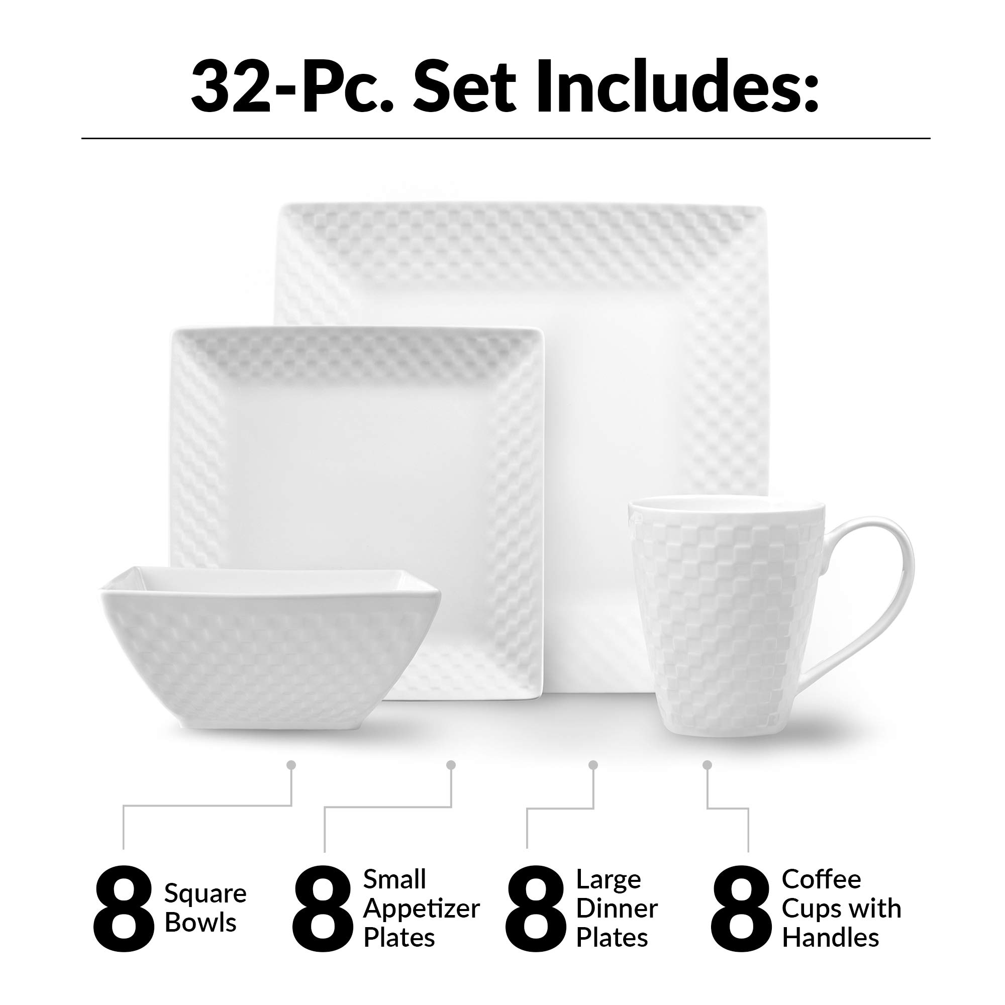 32 Pc. Square Basketweave Porcelain Dishes Set β White Dinner Plates, Bowls, Coffee Cups
