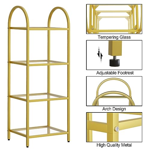 Arbuxzuy 4-Tier Bookcase ,Small Bookshelf ,Narrow Tempered Glass Bookshelves,Slim Shelving Unit for for Living Room, Bedroom, Home Office, Gold