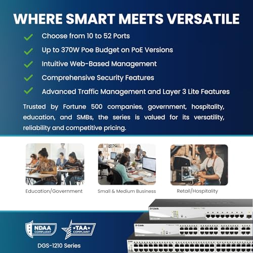 D-Link 52-Port Gigabit Smart Managed PoE+ Switch | 48 PoE+ Ports (370W) + 4 Combo SFP Ports| L2+ |VLANs |Web Managed |Surveillance Mode | Rackmount | NDAA Compliant | Lifetime Warranty (DGS-1210-52MP)