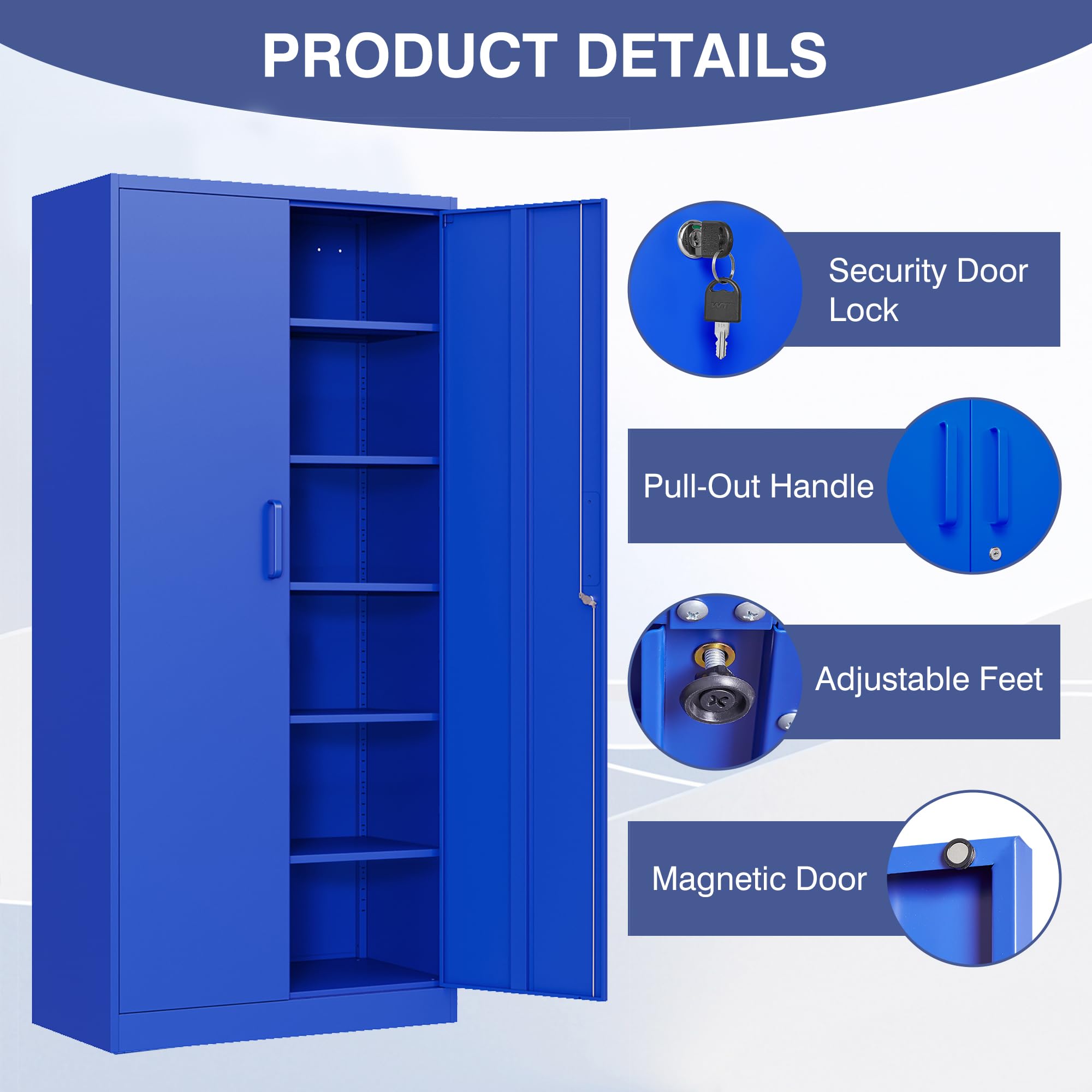 LISSIMO Metal Storage Cabinet,Home Office Cabinet with Doors and Adjustable Shelves,Locking Cabinet with Adjustabl Leg Levelers Assembly Required(Blue)