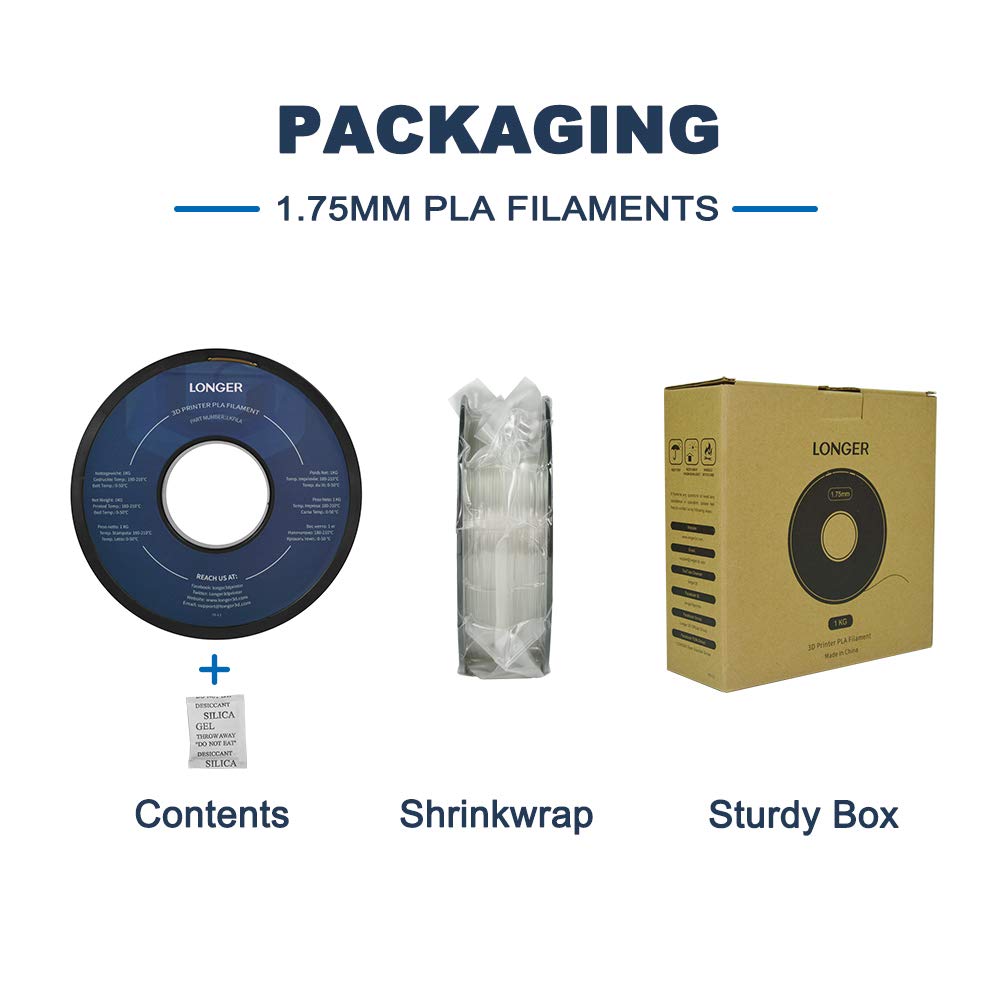LONGER PLA 3D Printer Filament 1.75mm, Dimensional Accuracy +/- 0.02 mm, No Tangle, Environmental Friendly, Widely Compatibility (Grey, 1KG)