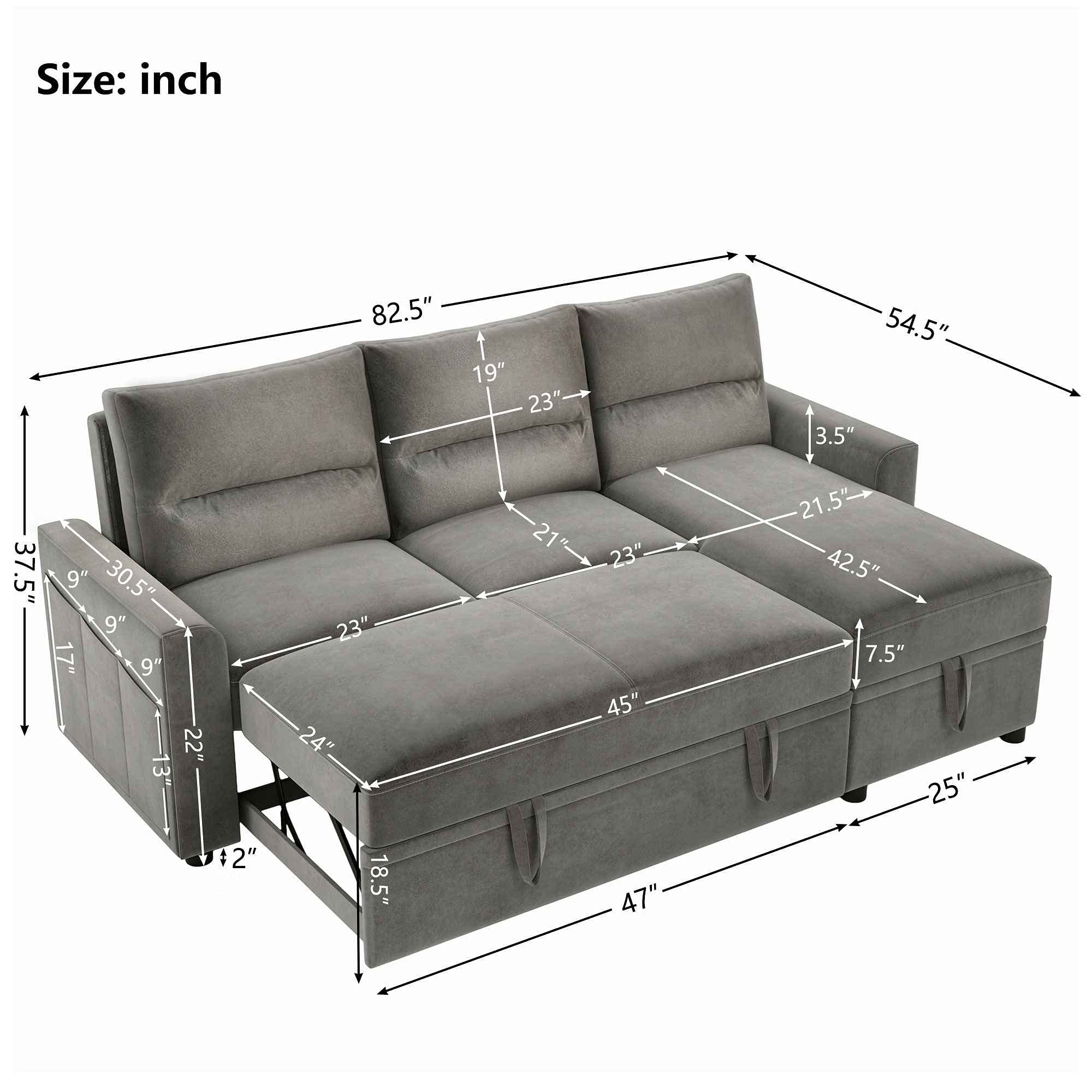 ATY Reversible Sectional Sofa Bed with 2 Pull-Out Sleepers, L-Shape Corner Couch with Storage Chaise, 3 Seat Both Left Right Handed with loveseat, 82.1 Grey Brown