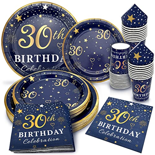 algpty 30th Birthday Decorations Plates and Napkins Blue and Gold, Service for 30, 30th Birthday Party Bundle Includes Navy Blue Plates, Napkins, Cups 30th Birthday Supplies for Men Women