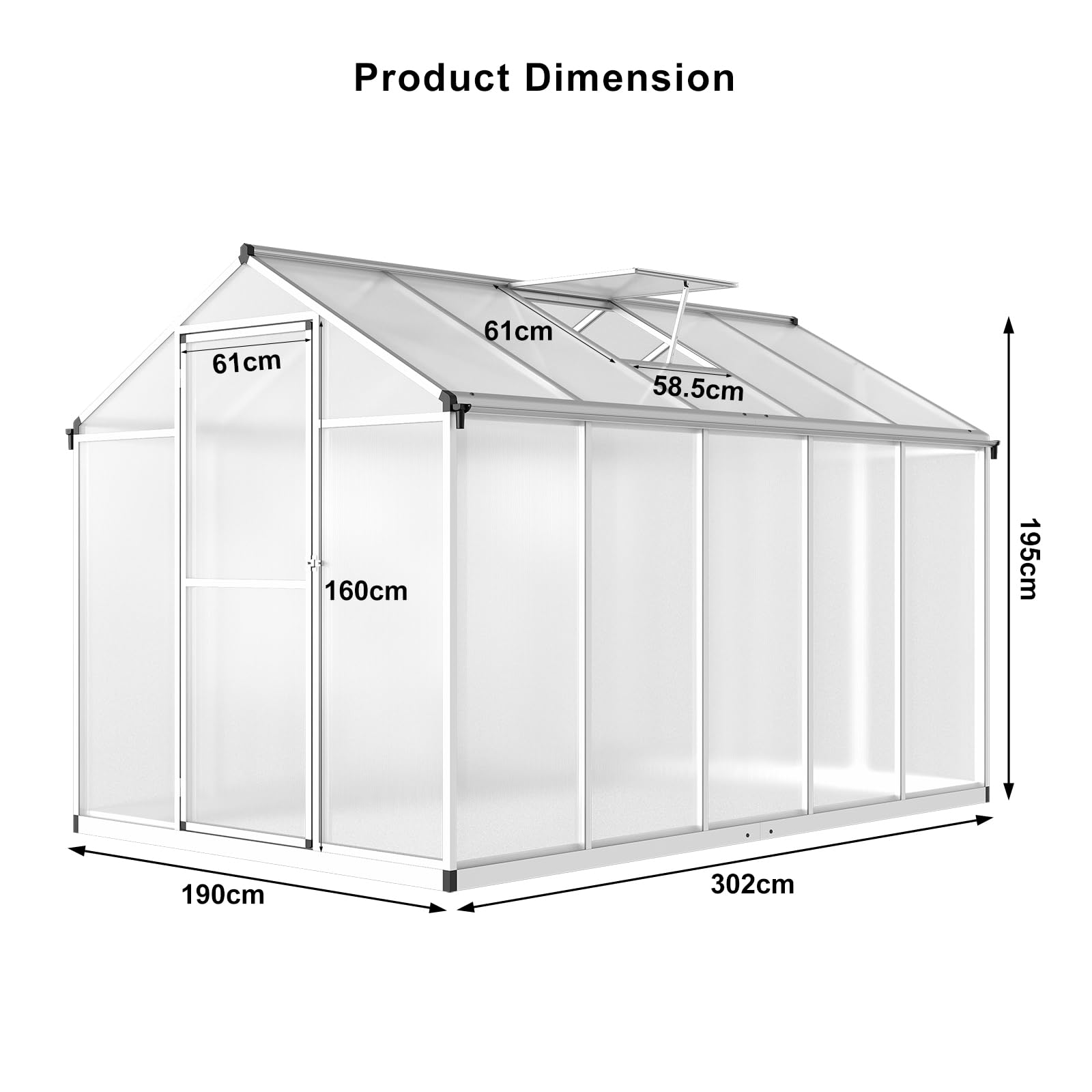 6x10 FT Greenhouse for Outdoors, Polycarbonate Greenhouse with Quick Setup Structure and Roof Vent, Aluminum Large Walk-in Greenhouse for Outside Garden Backyard, Silver
