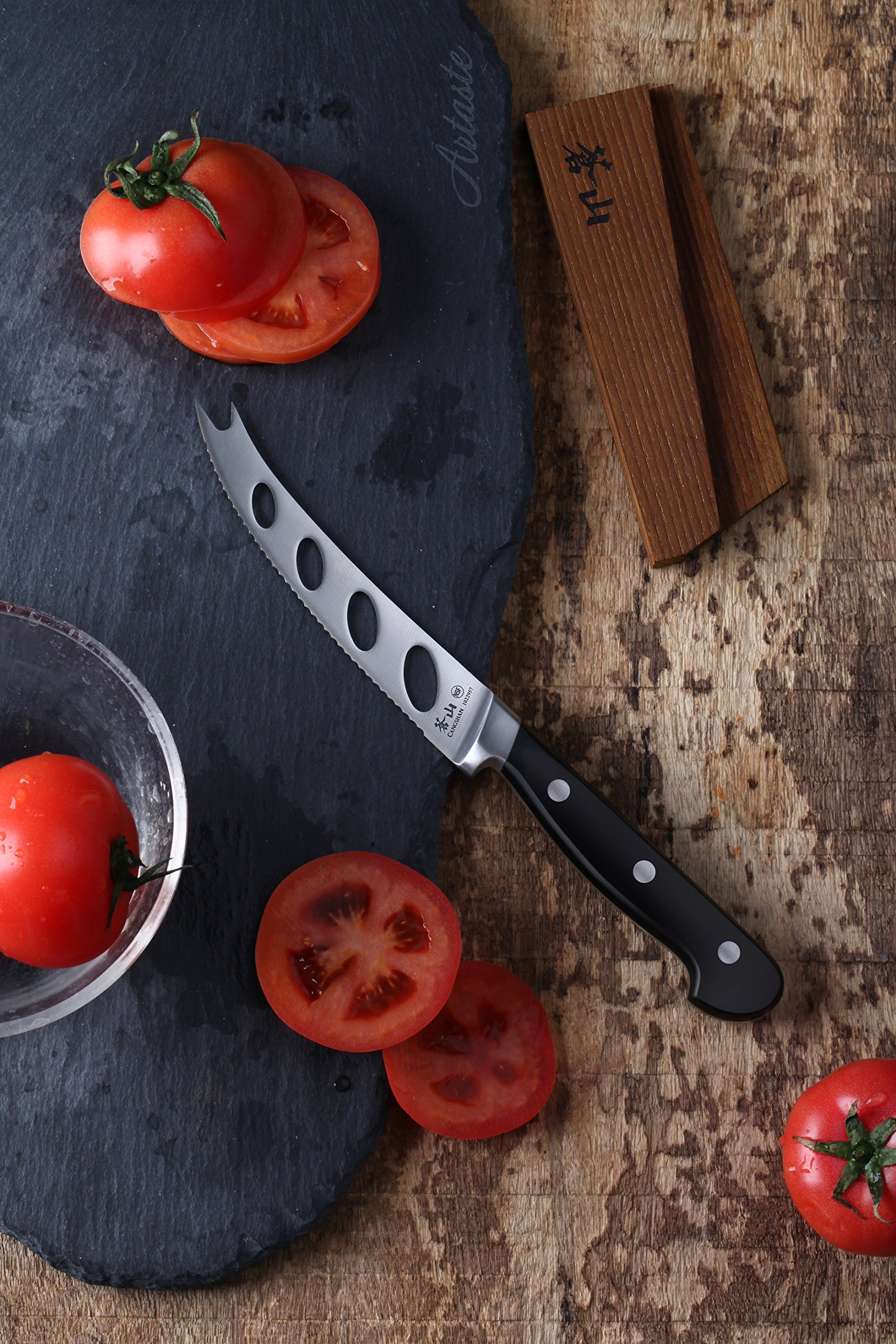 Cangshan TV2 Series 1022964 Swedish 14C28N Steel Forged 5-Inch Tomato/Cheese Knife and Wood Sheath Set