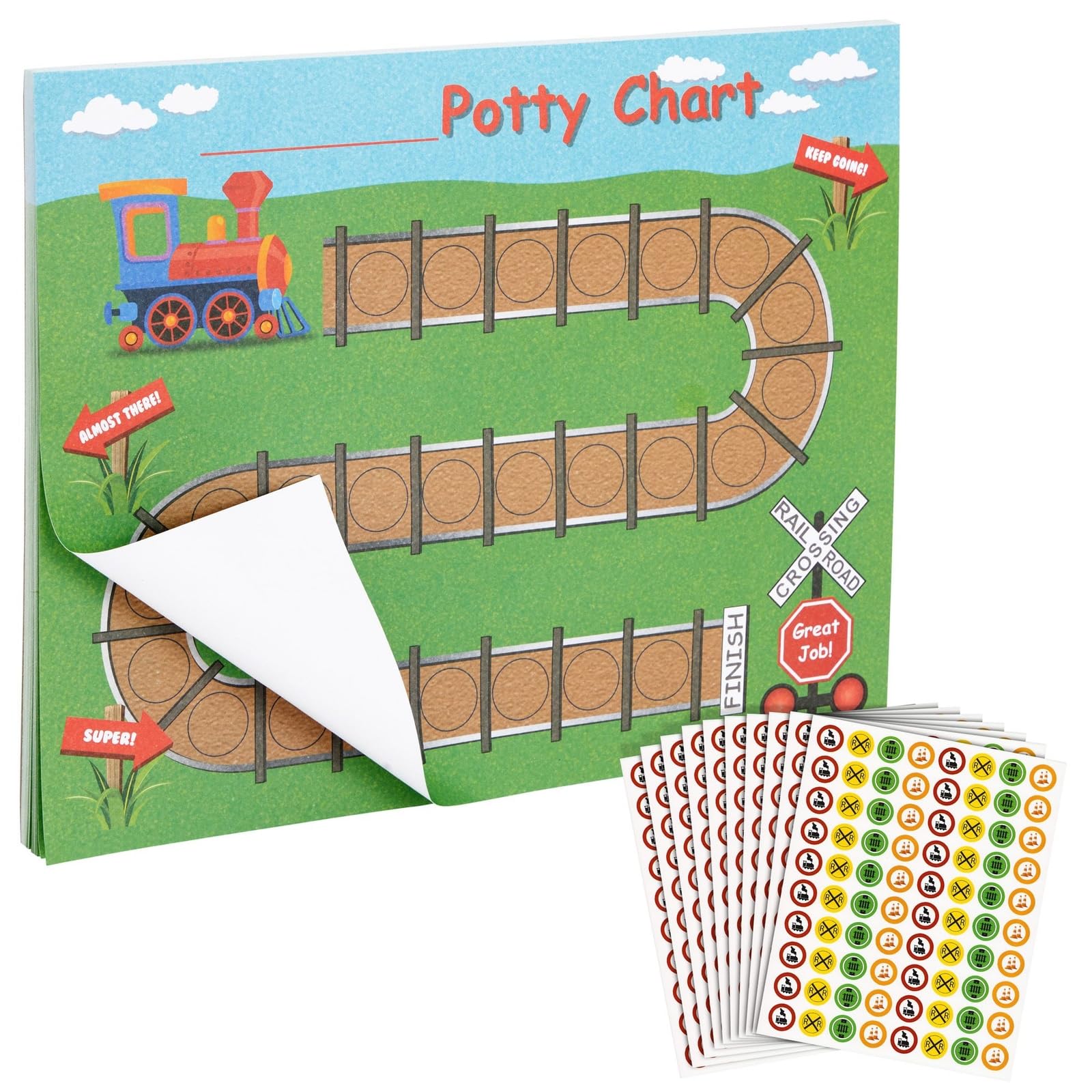 BLUE PANDA 50 Sheets Railroad Potty Training Chart for Toddlers Boys & Girls with 800 Train Stickers (10.3x8.3 in) - Potty Sticker Chart