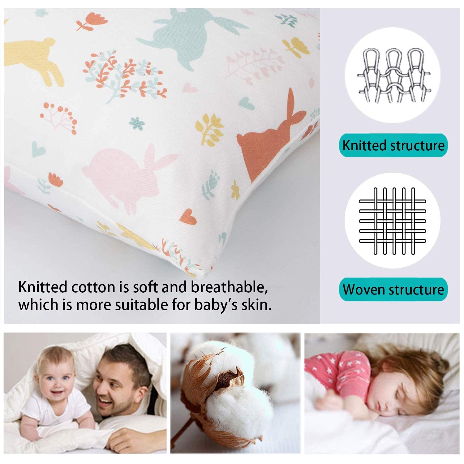 NTBAY Organic Cotton Toddler Pillowcases - Super Soft & Breathable Jersey Cotton Toddler Pillow Cases, 13βx18β Pillow Cases with Envelope Closure, Rabbits